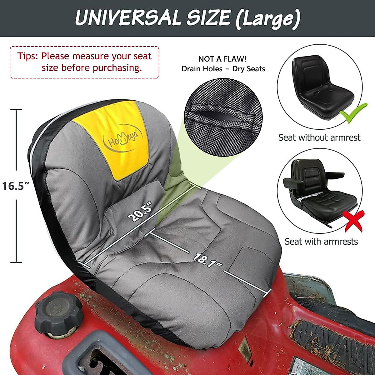 HOMEYA Riding Lawn Mower Seat Cover, Heavy Duty 600D Oxford Waterproof Tractor Seat Cover with Padding & Back Pockets, for 16.5 Inches High Seats, Fits Husqvarna Cub Cadet Seat Without Armrests