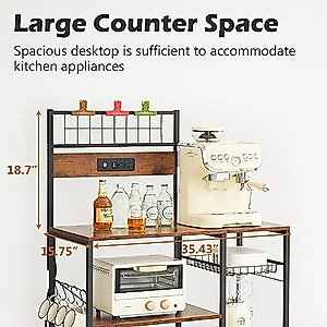 Leesingdo Kitchen Bakers Rack with Power Outlet, Microwave Stand, Coffee Bar Kitchen Storage Rack with Wire Basket, 6 Hooks, Kitchen Shelves for Spices, Pots, and Pans, Rustic Brown