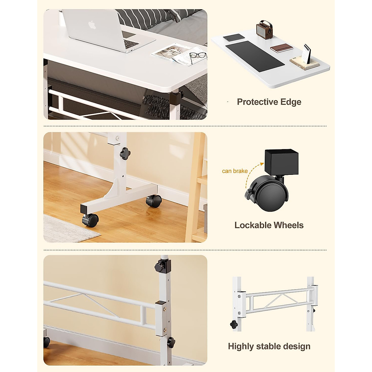 JHMYHO Portable Rolling Desks with Wheels Adjustable Height Small Laptop Desk Small Standing Desk for Small Space Uplift Mobile Work Desk on Wheels White