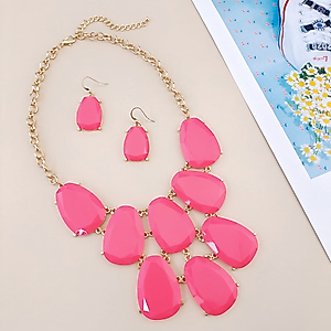 Firstmeet Statement Bubble Chunky Pendant Necklace with Earrings(XL-1123-Hot Pink)