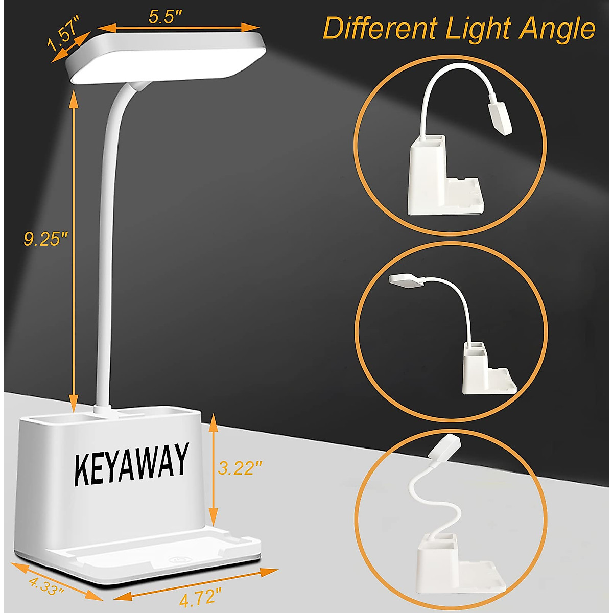 LED Desk Lamp with Pen & Phone holder, USB Rechargeable Book Reading Light,Eye-Caring Study Lamp for Kids, Touch Table Lamp with Flexible Gooseneck for Home,Office,3 Color Modes & Stepless Dimming