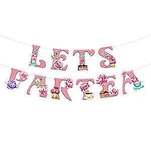 Let's PARTEA Banner for Tea Party Decoration, Partea Time Theme Party Supplies, Floral Patterns Letters Banner for Afternoon Tea for Women Girl (Pink)