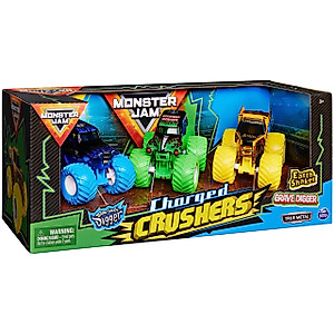 Monster Jam, Charged Crushers 3-Pack (Grave Digger, Son-Uva Digger and Earth Shaker), 1:64 Scale