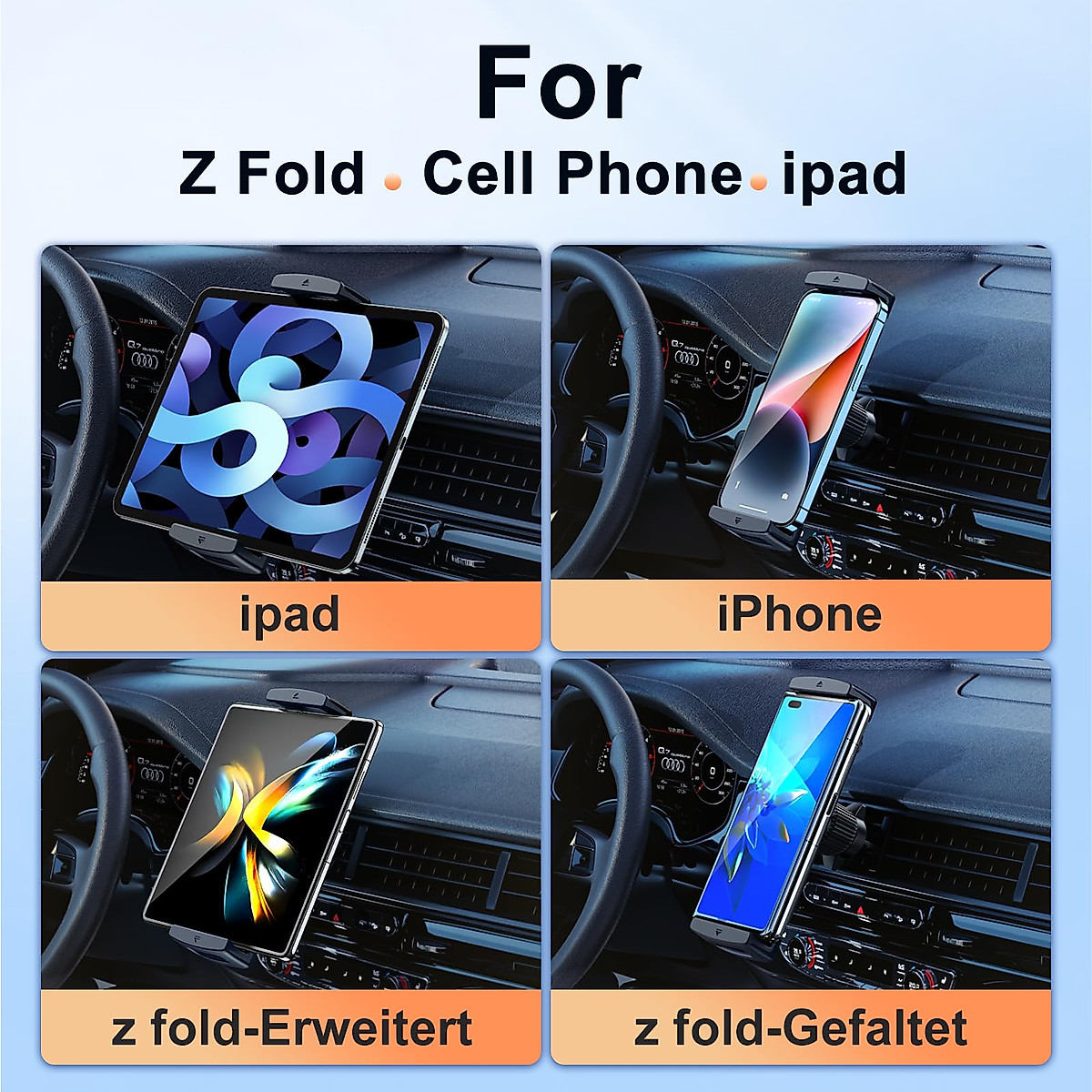 xuenair Z Fold 5 Car Mount, [360° Rotatable& Firmly Grip & Never Fall Off] Vent Tablet Mount for Car, iPad Mini Car Mount for Samsung Z Fold 6 5 4 3 iPhone Google Motorola LTC Phones