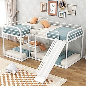Bellemave Quad Bunk Beds with Slide L-Shape Metal Bunk Bed for 4 Twin Over Twin Attach with Full Over Full Bunked Modern Floor Corner Bunked for Multi-Kids Boys Girls Teens, White