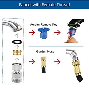 Hibbent Garden Hose Adapter Kit, Sink Swivel Faucet Aerator Adapter to Connect Garden Hose, Multi-Thread Garden Hose with Cache Faucet Aerator Key for Male to Male and Female to Male, Chrome Finish