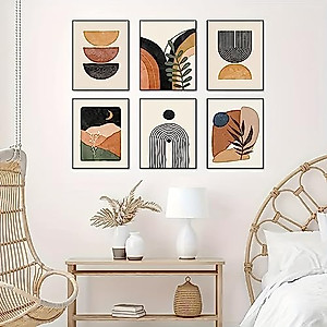 6pcs Frameless Abstract Geometric Canvas Painting Boho Mid-Century Modern Wall Art Minimalist Wall Art Black Beige Neutral Abstract Geometric Print Room Poster Suitable For Living Room Bathroom