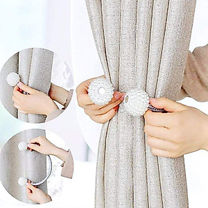 Fullgaden 2 Pcs Magnetic Curtain Tiebacks Convenient Drape Tie Backs Pearl Decorative Rope Holdback Holder for Small, Thin or Sheer Window Drapries, Light Blue