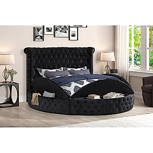First of a Kind Circle Velvet Tufted upholstered Platform Storage Bed, Circle Bed with Button Tufting and Storage Compartments in Rails and Footboard, Circle Bed Frame (Black, Queen)