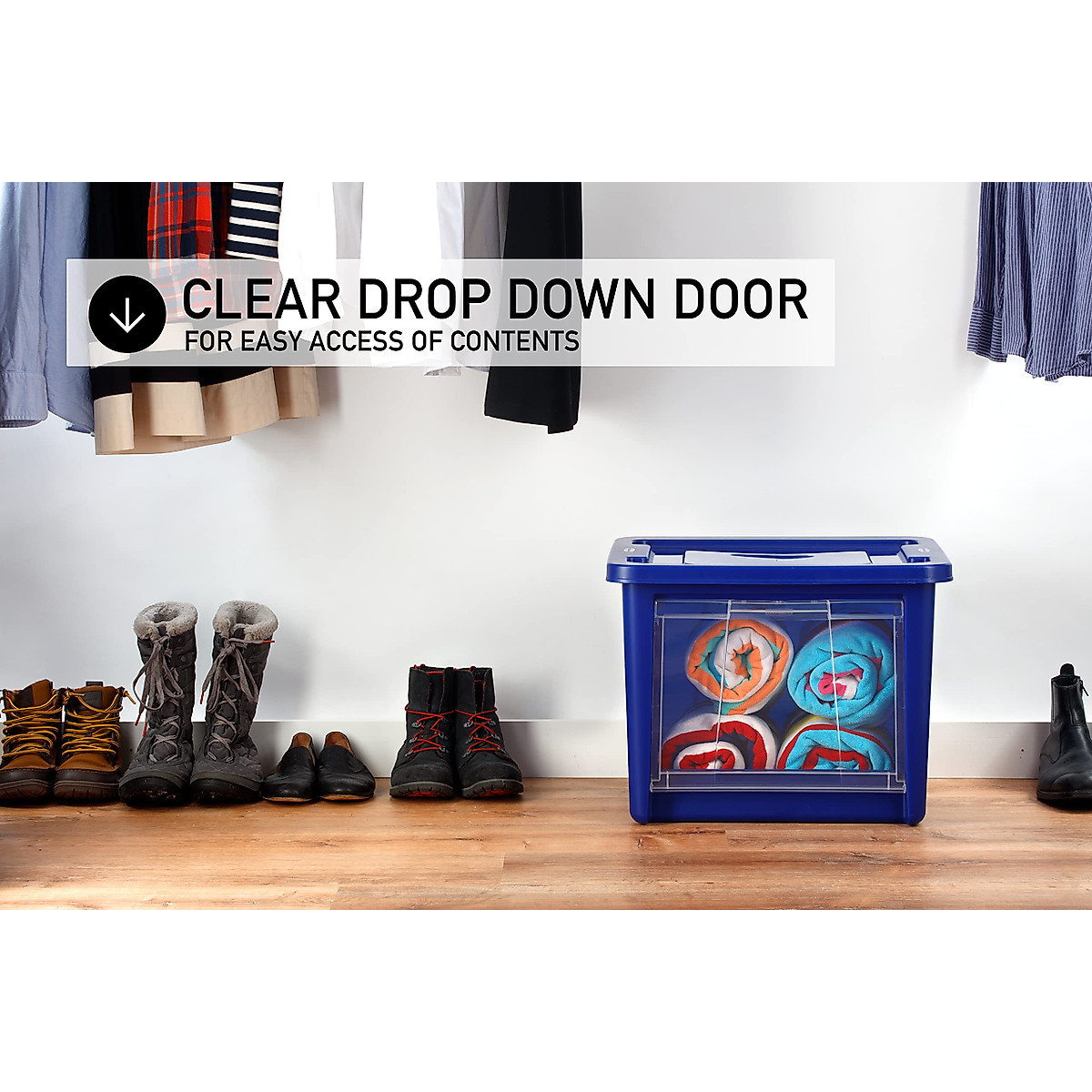 Rubbermaid Medium All-Access Tote with Lids, Pack of 2, Stackable Storage Bins with Clear Drop-Down Door and Carry Handles, Closet Organization Containers, Blazer Blue With Clear Door