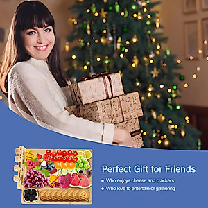 Lexda Bamboo Cheese Board and Knife Set - 14” x 11” Large Charcuterie Boards Set, Cheese Tray Platter Servers with Clasp Knife Holder, Gift for Anniversary, Housewarming, Christmas, Thanksgiving