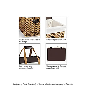 PICNIC TIME Canasta Wicker, Picnic Basket for 2, 18.9 x 13.8 x 11, Beige Canvas With Brown Lid