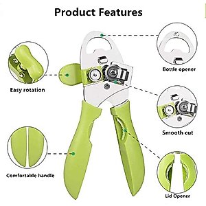 Can Opener, Can Openers Hand Held, 4 in 1 Smooth Edge Hand Held Bottle Opener, Professional Heavy Duty Beer Can Opener Ultra Sharp Food Safe Jar Opener Multifunctional Tin Opener with Easy Turn Knob