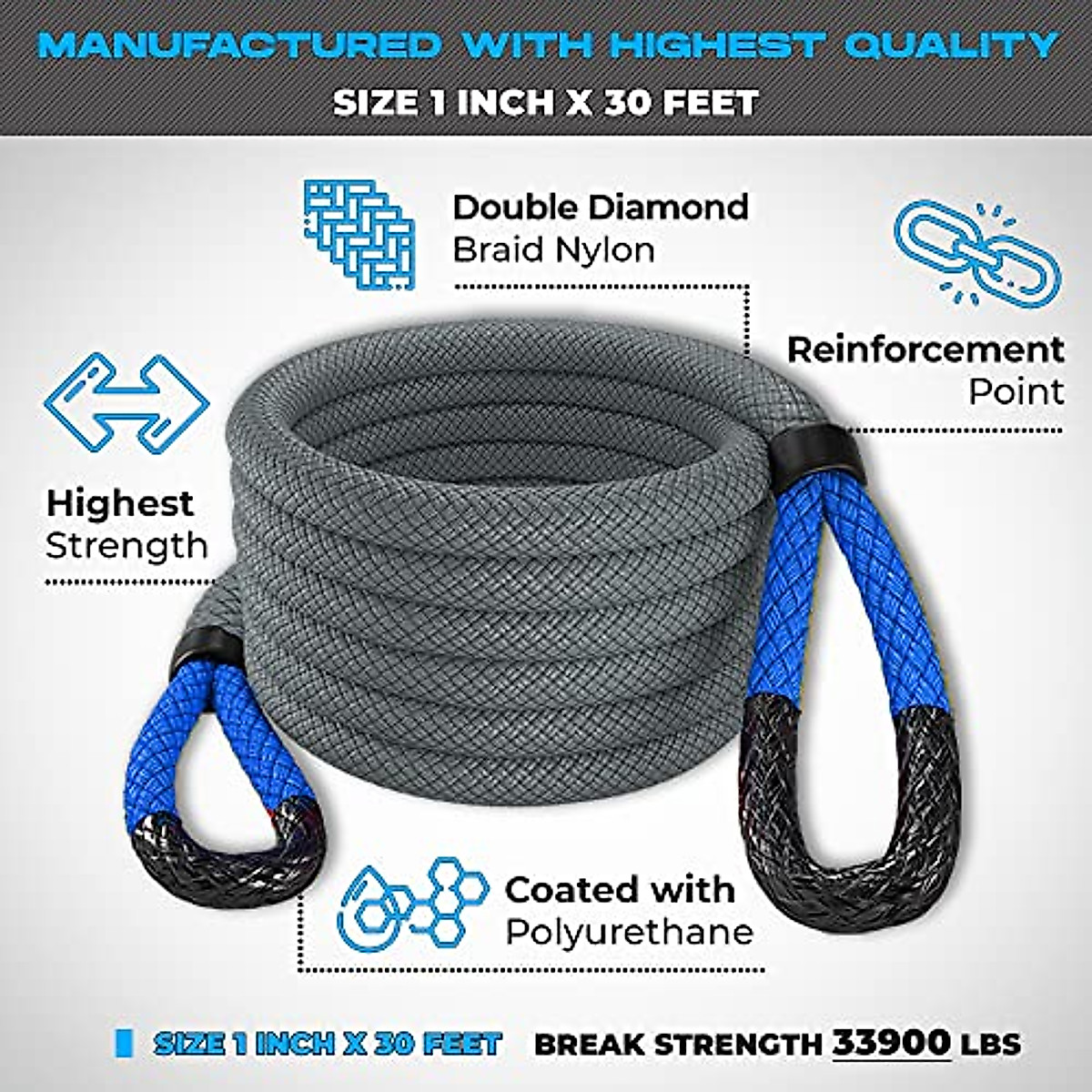 Kinetic Recovery Tow Rope (33,900lbs), with 2 D Ring Shackles (41,800lbs), Tow Rope for Truck Heavy Duty, Offroad Recovery Kit for 4WD Pick Up Truck, SUV, ATV, UTV (Silver-Blue, 1x30)