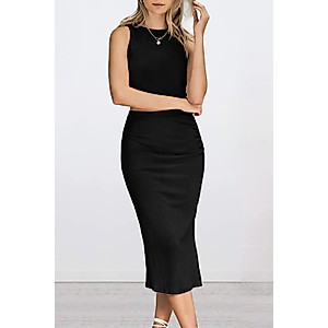 PRETTYGARDEN Women's 2 Piece Summer Outfits Crewneck Tank Tops Split Bodycon Midi Skirt Set (Black,Small)