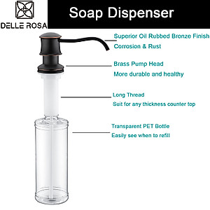 Delle Rosa Soap Dispenser, Liquid Soap Dispenser for Kitchen Sink, Brass Head Kitchen Sink Soap Dispenser Soap or Lotion Pump Dispenser Oil Rubbed Bronze, 11oz/320ml