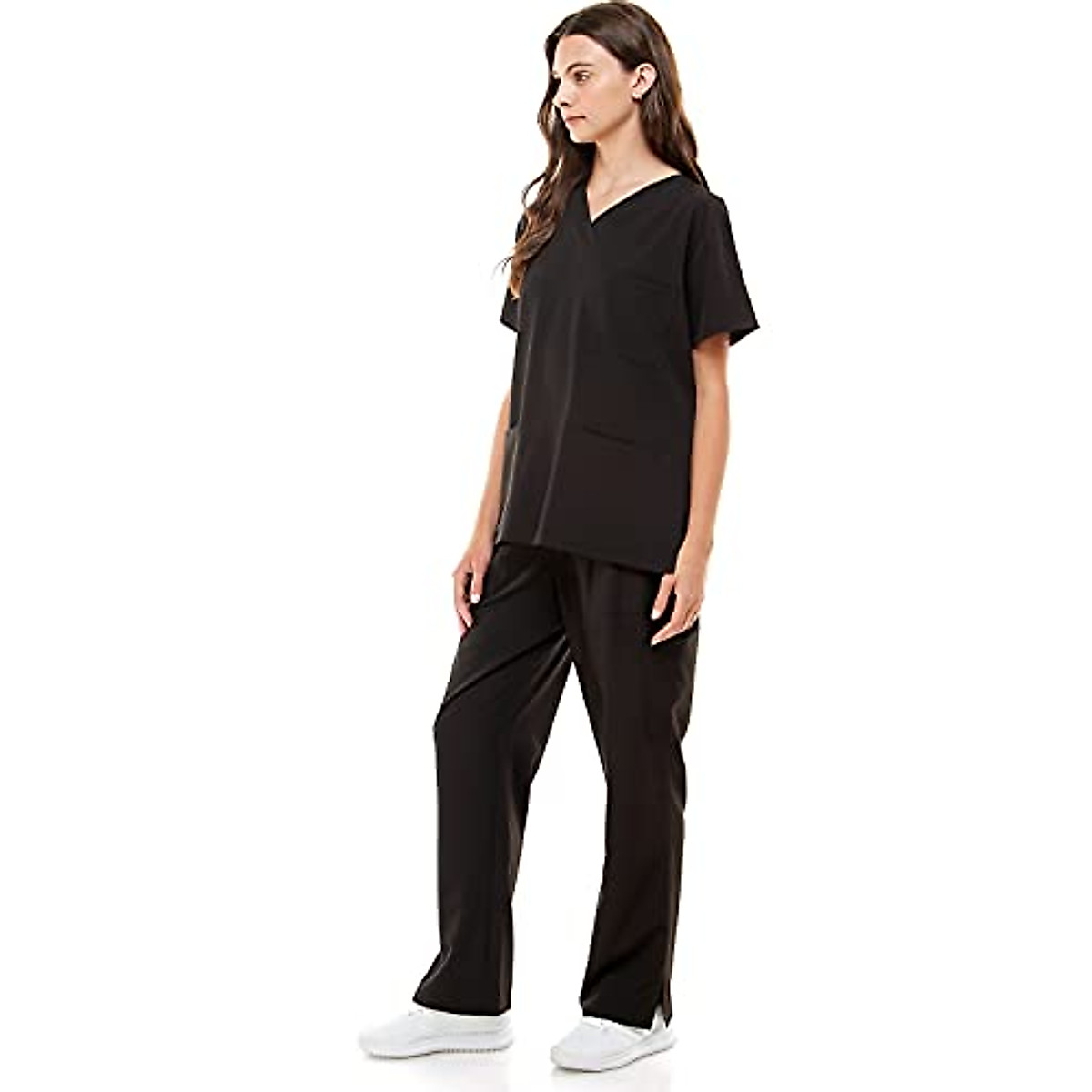 MEDPIA Women's Medical Uniform Set – 4 Way Stretch Lightweight 8 Pockets V-Neck Top Drawstring Elastic Waist Pants Nursing Black 4X