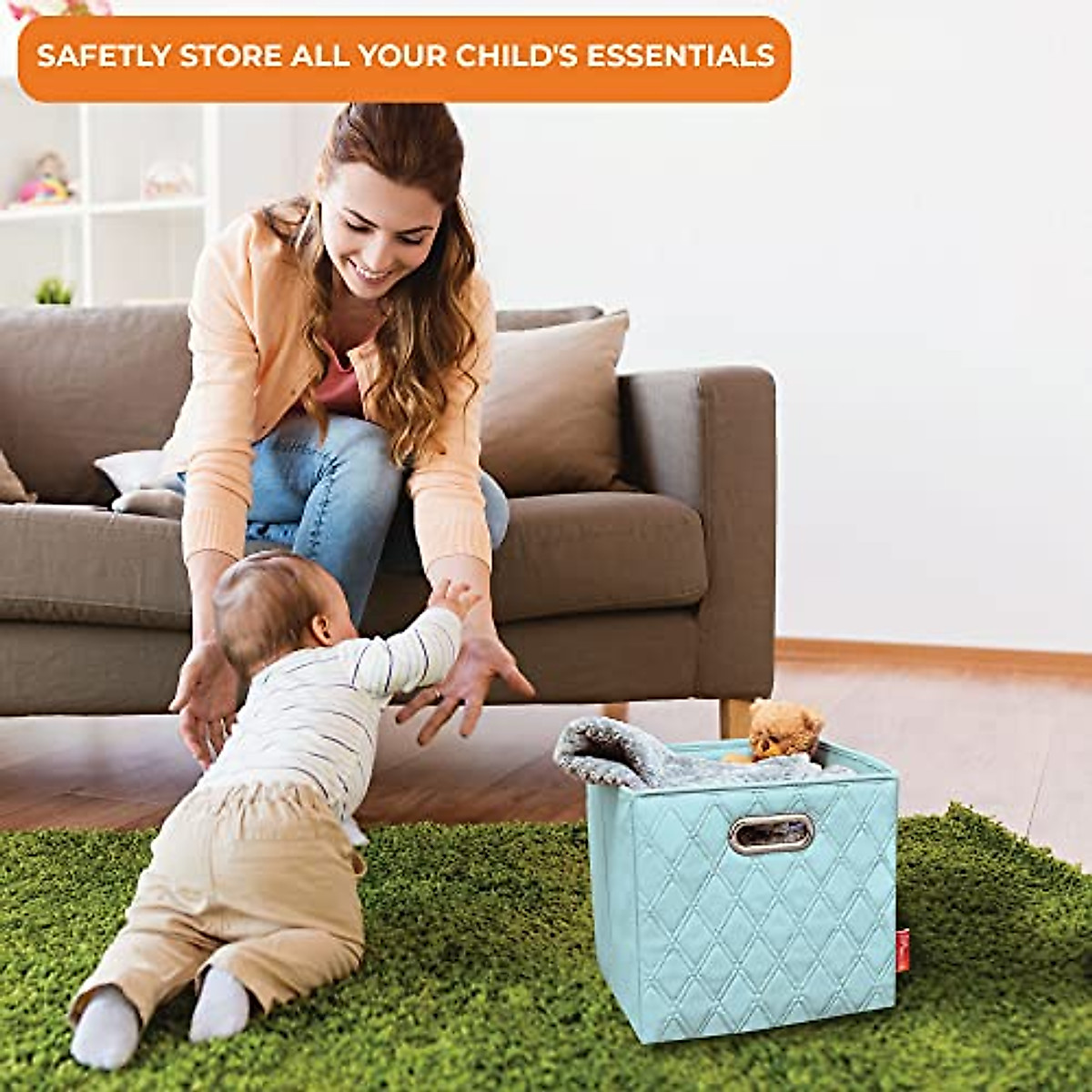 JIAessentials Medium 12-inch Blue Foldable Diamond Patterned Faux Leather Storage Cube Bins Set of Four with Handles with Dual Handles for living room, bedroom and office storage