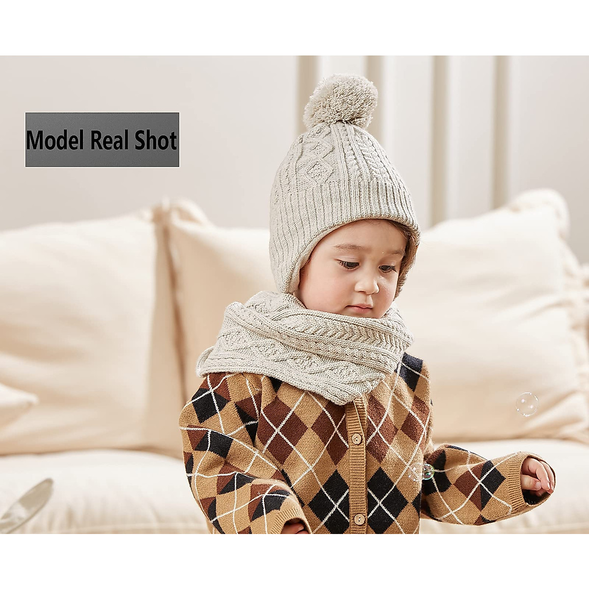 LMLALML Boys Winter Hat Earflap Knitted Beanie for Kids Warm Fleece Lined Thicken Hat for Baby Beige