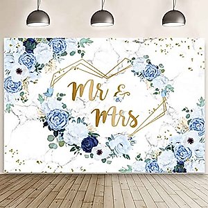 AIBIIN 7x5ft Mr and Mrs Floral Backdrop for Bridal Shower Blue and White Flowers Photography Background Hearts Geometric Couple Wedding Party Decorations Bride to Be Engagement Banner Props