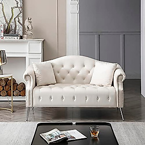 Homtique Velvet Loveseat Sofa for Living Room, Mid Century Modern Sofa Upholstered Button Tufted Rolled Arms and Metal Legs, 59.4" Small Sofa Couches for Small Spaces with 2 Pillows for Bedroom(Beige)