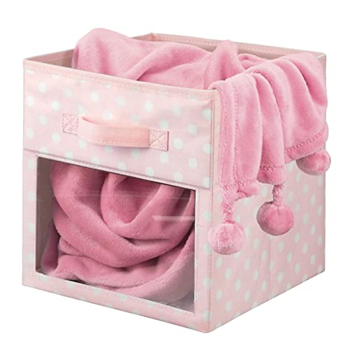 mDesign Fabric Nursery/Playroom Closet Storage Organizer Bin Box, Front Handle/Window for Cube Furniture Shelving Unit, Hold Toys, Clothes, Diapers, Bibs, 4 Pack, Pink/White Polka Dot