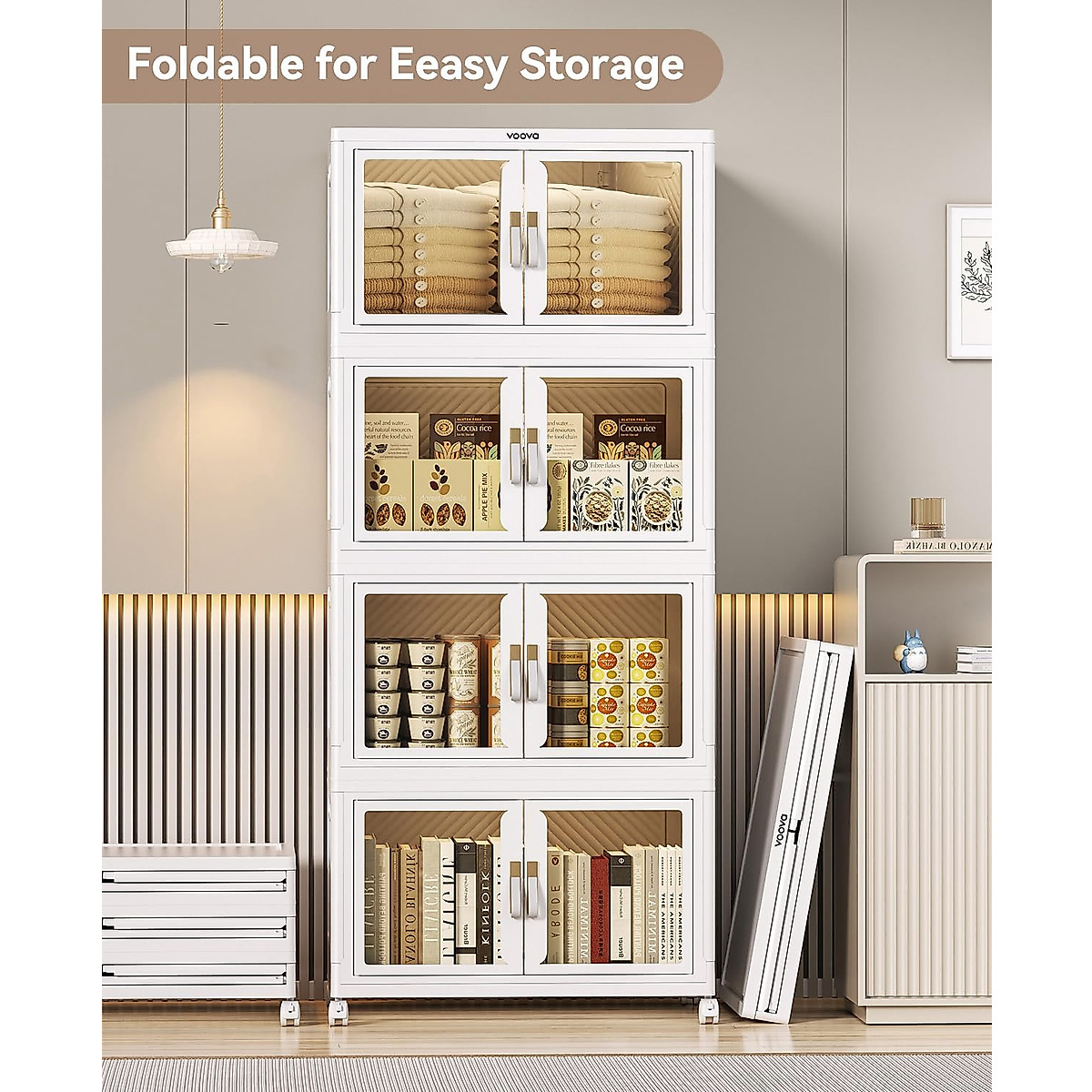 Voova 48QT Storage Bins with Lids,Stackable Collapsible Closet Organizers and Storage Cabinet with Drawer,Folding Plastic Craft Storage Containers Box with Door&Wheels for Home,Office,Dorm Room,3 Pack