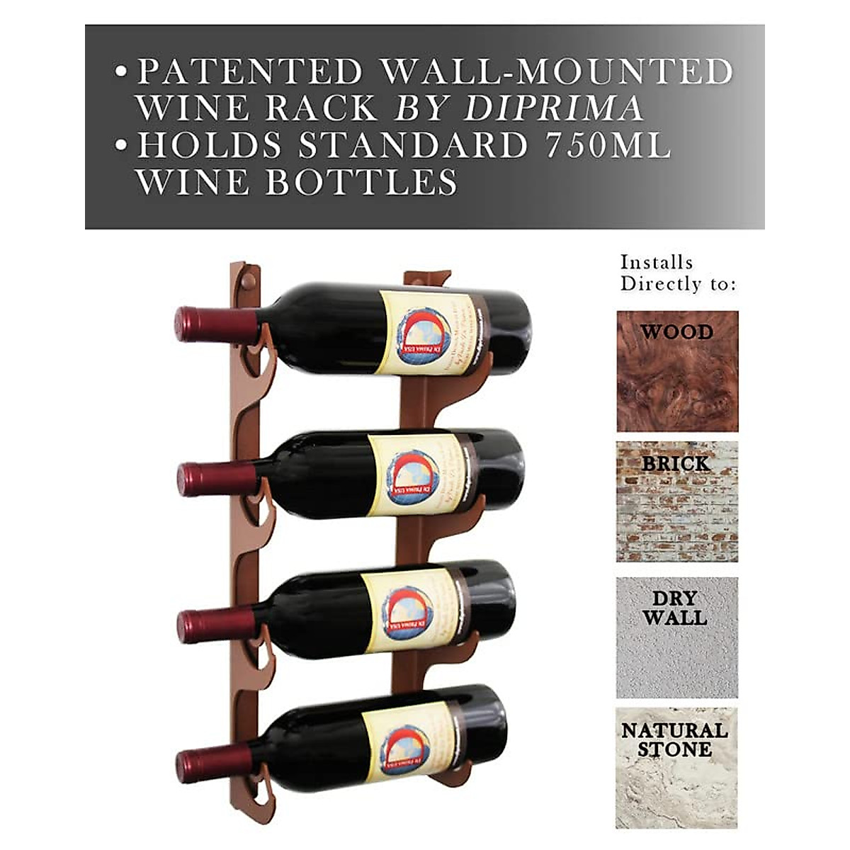 di prima usa Wine Rack Wall Mounted for Wine Bottles - Luxury Metal Wine Rack Mount - Long-Lasting Hanging Wine Rack for Wall Mount, Cellar, Kitchen, Living Room - Single Depth Row – 4 Bottles