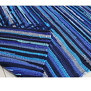 SERENITA Chindi Rug Reversible Rag Cotton Hand Woven Throw Area Rugs for Kitchen Bedroom Bathroom Livingroom Washable Stripe Blue 22" x 36"