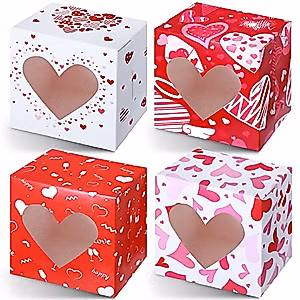 16 Pieces Valentines Day Treat Boxes with Windows Valentine's Day Strawberry Boxes Valentines Day Goodie Boxes with PVC Heart Window Pink Red Valentines Cupcake Boxes 6 x 6 x 4 Inch for Valentines