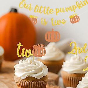 Fall Pumpkin 2nd Birthday Party Decoration Our Little Pumpkin Is Two Banner Cake Cupcake Topper Glitter Autumn Birthday Party Supplies