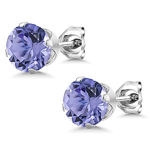 Gem Stone King 925 Sterling Silver Round Tanzanite Stud Earrings For Women (1.50 Cttw, Gemstone Birthstone, Round 5.5MM)