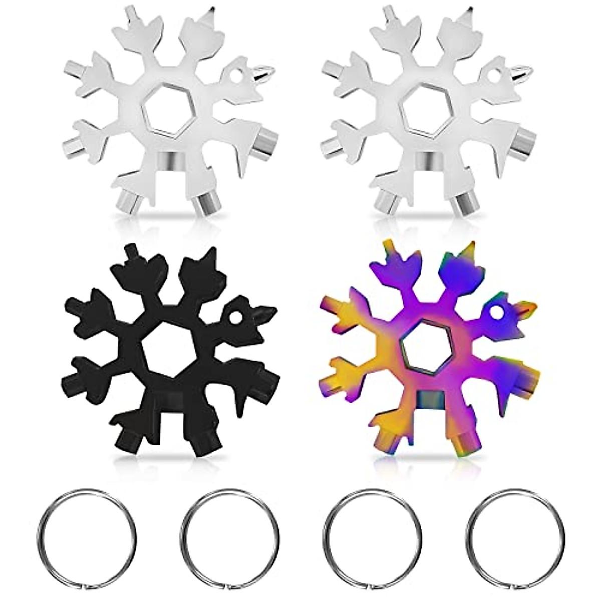 Motiloo 18 in 1 Snowflake Multitool,4 Packs Snowflake Multi Tool,Stainless Steel Snowflake Wrench/Bottle Opener with Key Ring Portable to Take for Great Men Fathers Christmas Gift