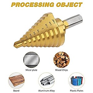10 Sizes Titanium Step Drill Bit, 1/4 to 1-3/8 Inches High Speed Steel Step Drill Bits for Sheet Metal Hole Drilling Cutting, HSS Multi Size Unibit Drill Bits DIY Lovers, Multiple Hole Stepped up Bits