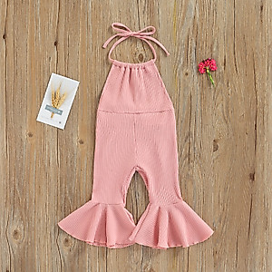 YOKJZJD Infant Toddler Baby Girl Ribbed Romper Sleeveless Jumpsuit Overalls Bell Bottom Pants Leggings Summer Outfits (A-Pink, 12-18 Months)