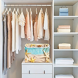 CaTaKu Palm Starfish Beach Storage Bins with Lids and Handles, Fabric Large Storage Container Cube Basket with Lid Decorative Storage Boxes for Organizing Clothes