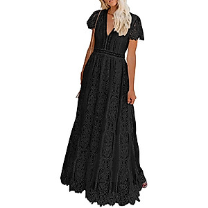 MEROKEETY Women's 2024 V Neck Short Sleeve Floral Lace Wedding Dress Bridesmaid Cocktail Party Maxi Dress, Black, Large