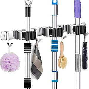 Mop Holder,Broom Organizer, 304 Stainless Steel Broom Holder with 3 Racks 4 Hooks, Wall Mount Garage Organizer Garden Tool Organizer,Hooks Hanger Rack Storage & Home Organization (1 Pack)