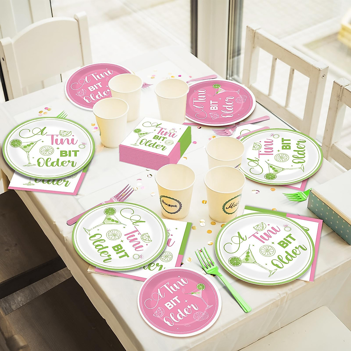 96pcs A Tini Bit Older Party Supplies Martini Paper Plates Napkins Weenies and Tini Dessert Party Tableware Set Hot Pink & Green Dinnerware for Birthday Bridal Wedding Baby Shower Decoration Serve 24