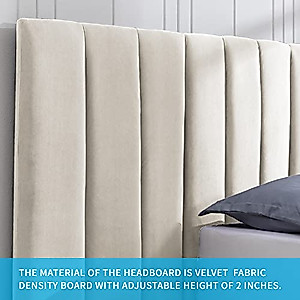 Mjkone Velvet Upholstered Platform Bed Frame, Bed Frame with Oversized Wingback Headboard, Wood Strips Support/No Box Spring Needed/Easy Assembly (Beige,California King)