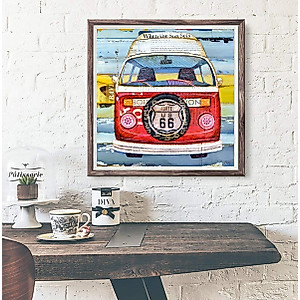 Get Your Kicks, Classic Antique Car Van Camper Danny Phillips Art Print, Unframed, Route 66 Retro Art Wall and Home Decor Poster, Mixed Media Collage Painting, All Sizes