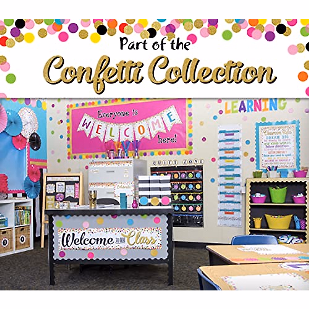 Teacher Created Resources Confetti Straight Rolled Border Trim - 50ft - Decorate Bulletin Boards, Walls, Desks, Windows, Doors, Lockers, Schools, Classrooms, Homeschool & Offices
