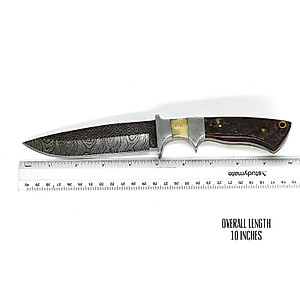 Nooraki HK-81 Handmade Damascus Hunting Knife Ram Horn Handle With Leather Sheath Full Tang Fire & Raindrop Pattern