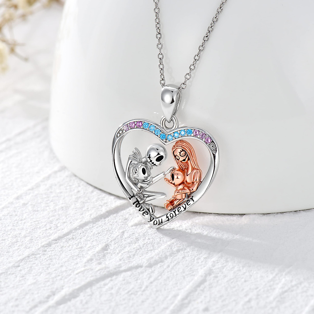 ONEFINITY Jack And Sally Necklace Nightmare Sterling Silver Family Heart Pendant Jewelry Before Christmas Birthday Gifts for Women