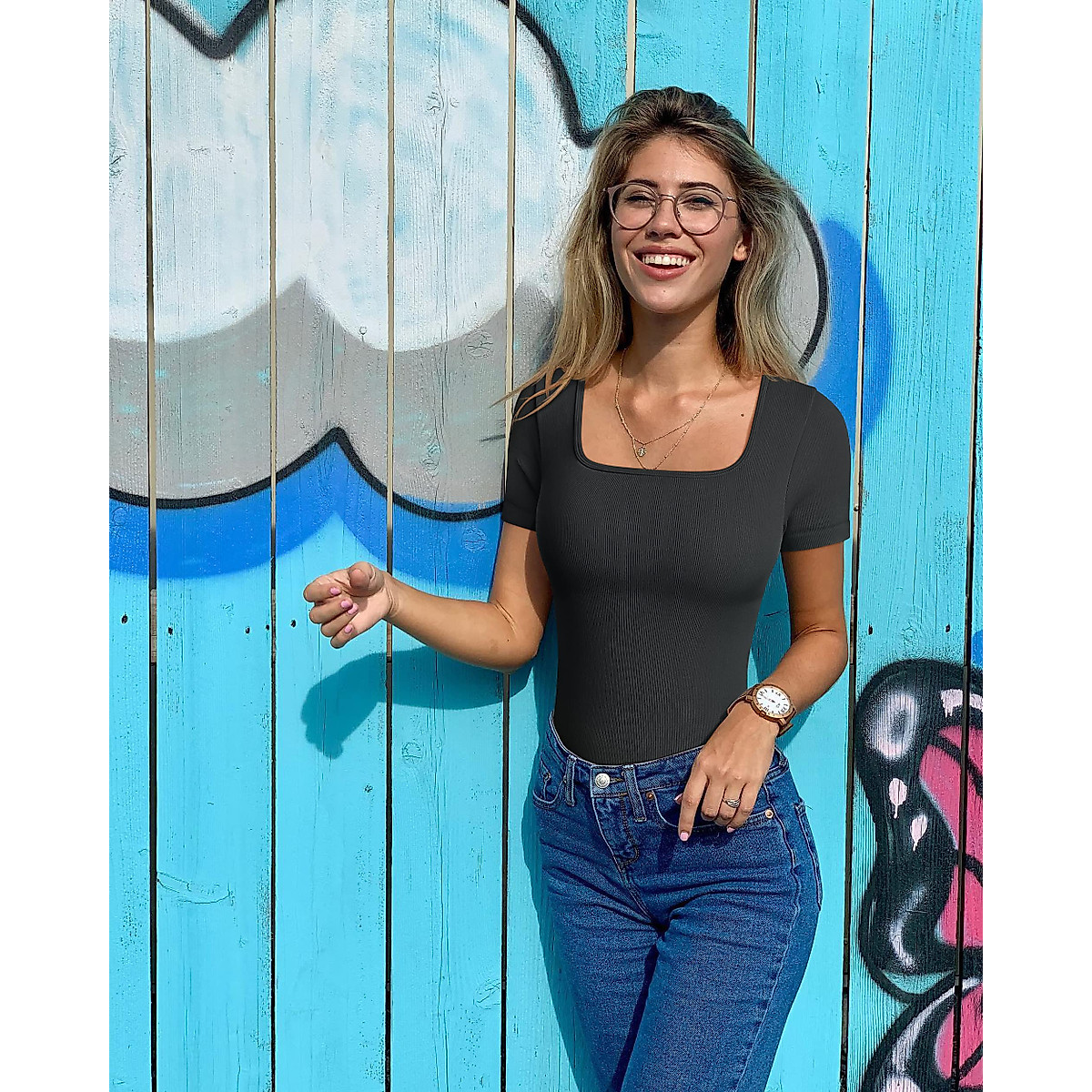 OQQ Women's 2 Piece Bodysuits Sexy Ribbed One Piece Square Neck Short Sleeve Bodysuits Black Coffee