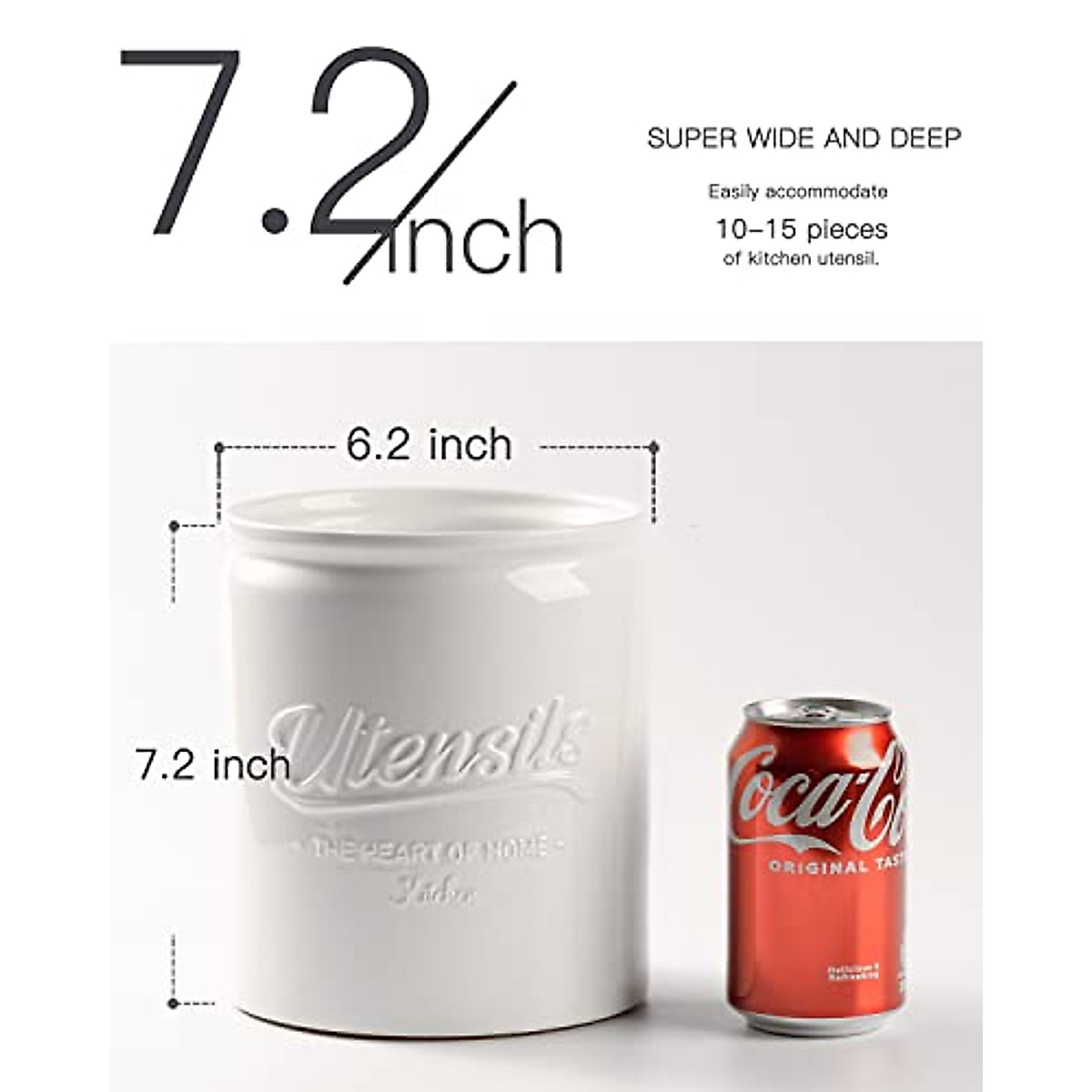 Getstar Utensil Holder for Kitchen Counter (7.2” x 6.2”) , Large Kitchen Utensil Holder with Protective & Non-Slip Cork Mat, Ceramic Cooking Utensil Holder (White)