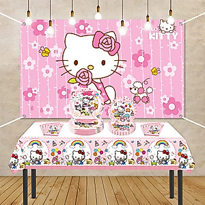 Kitty Birthday Party Supplies, 20 Plates, 20 Napkins and 1 Tablecover for Girls Kitty Party Decorations