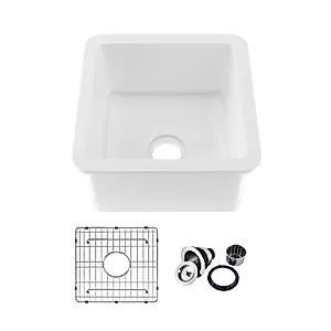 KIBI K2-S18SQ Single Bowl Heat Safe Glazing Fireclay Undermount Kitchen Sink 18 inch with Bottom Grid and Strainer (Cubic series) (White)