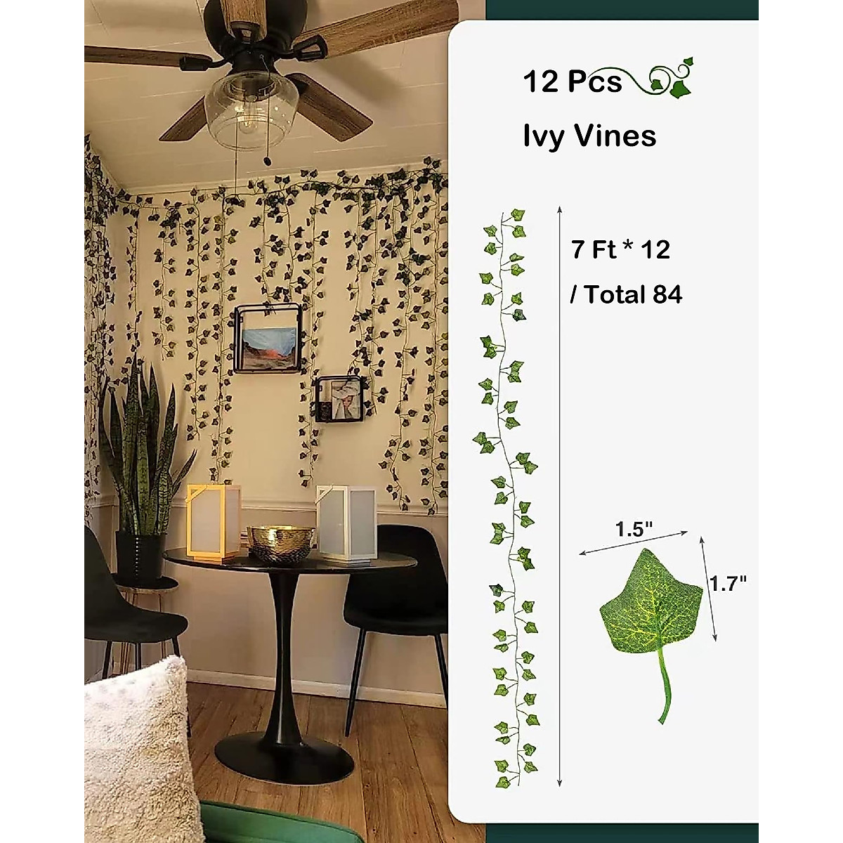 eleper 12 Strands 84 Feet Fake Ivy Artificial Ivy Garland Plant Wall Decor Hanging Plant Vines for Room Decor for Wedding Wall Party Bedroom Green Vines Green Leaves Wall Vines Decor