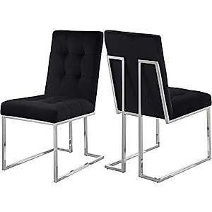 Meridian Furniture Alexis Collection Modern | Contemporary Velvet Upholstered Dining Chair with Button Tufting and Polished Chrome Metal Frame, Set of 2, Black, 18.5" W x 25" D x 36.5" H